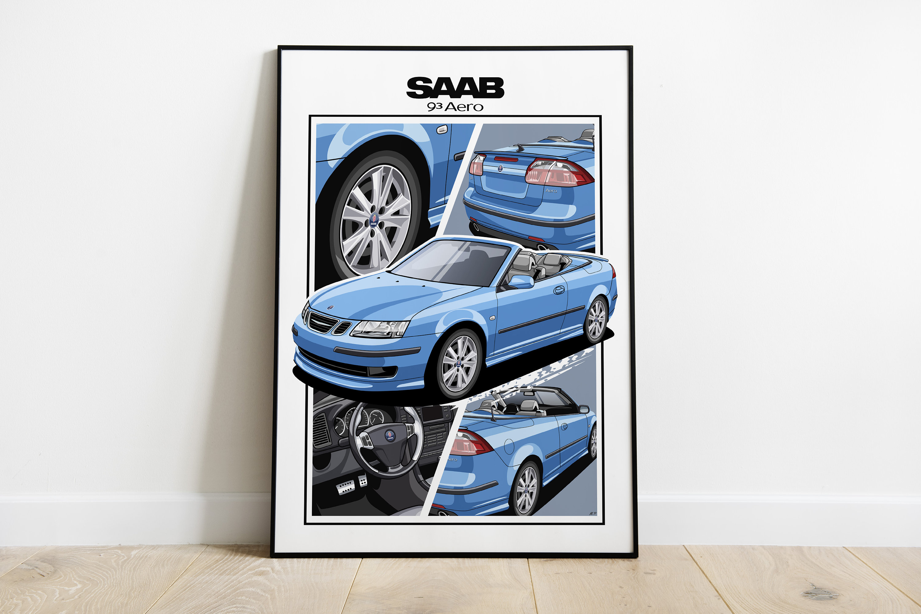SAAB 93 Aero Cabrio Poster Ocean Blue Saab Car Poster Wall Art Gift ...