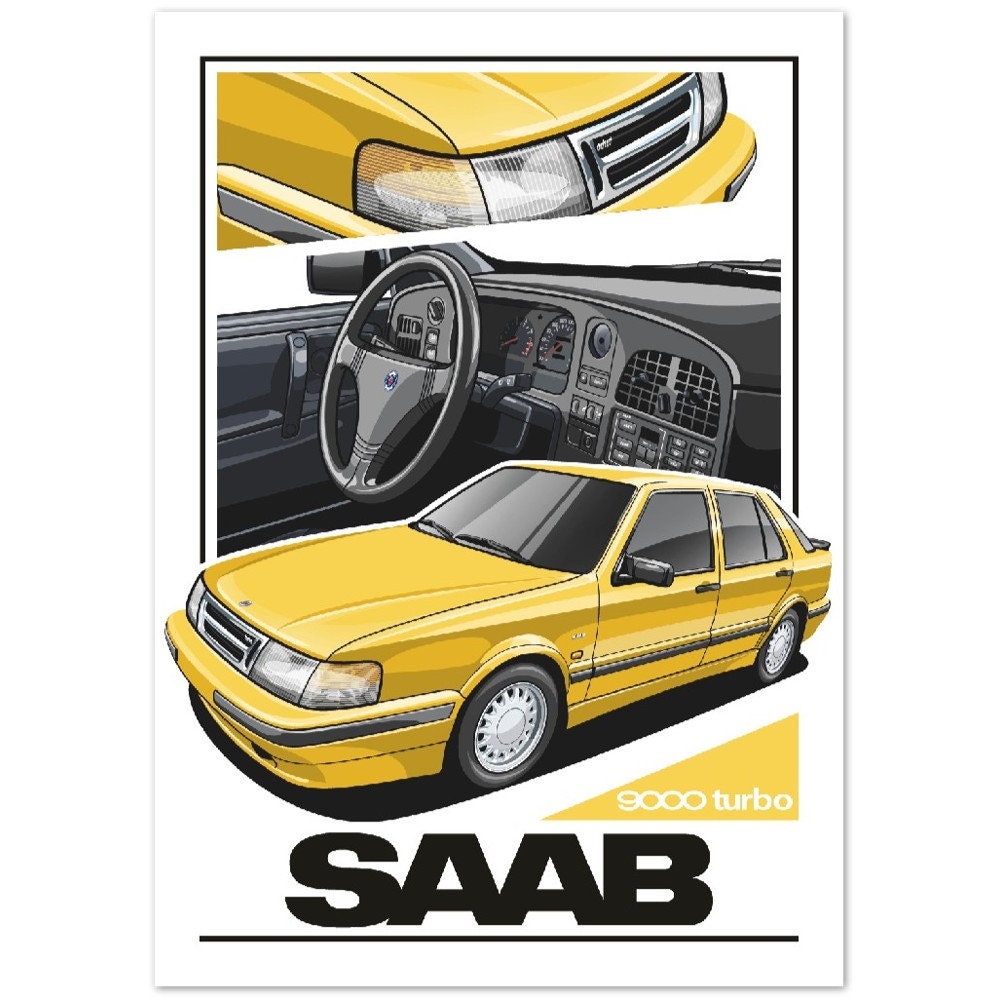 Saab 9000 Turbo Poster Saab Car Wall Poster Yellow Classic Car Poster ...