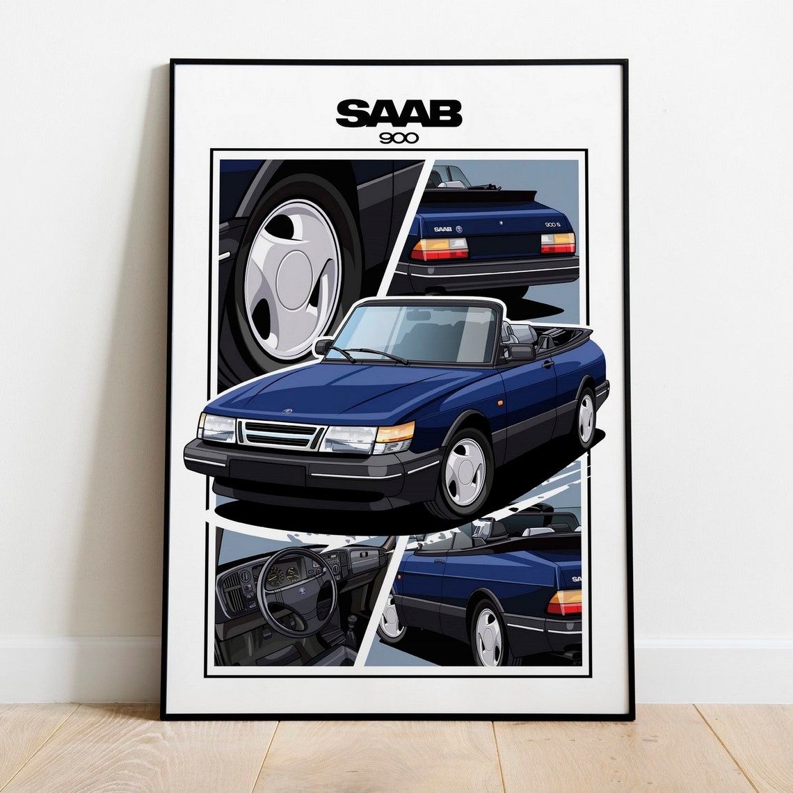 Saab 900 Cabrio Poster Car Wall Poster Blue Classic Vintage Saab Poster ...