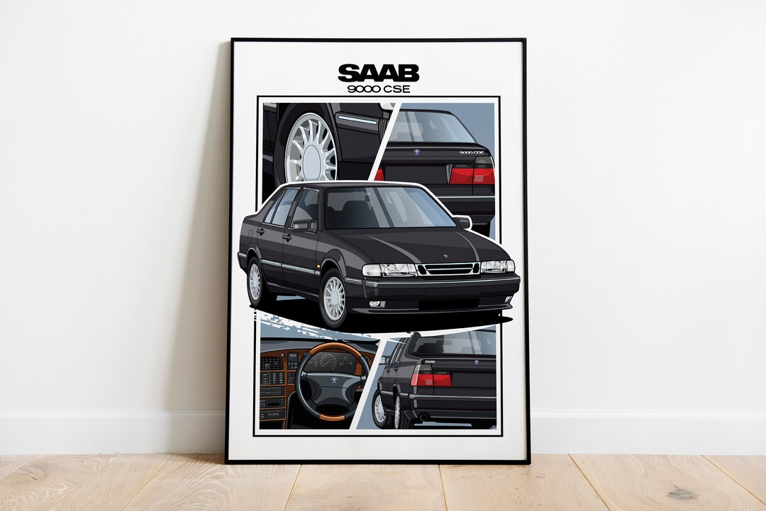 Saab 9000 CSE Poster Saab Car Black Wall Poster Red Classic Vintage ...