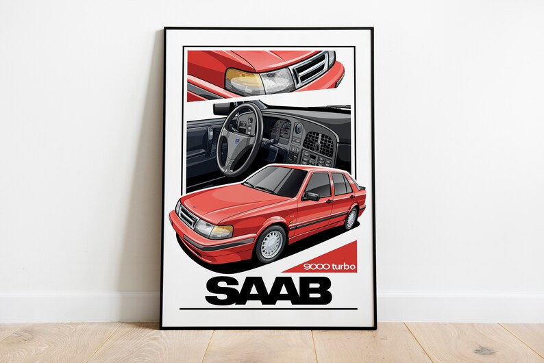 Saab 9000 Turbo Poster Saab Car Wall Poster Red Classic Vintage Saab ...