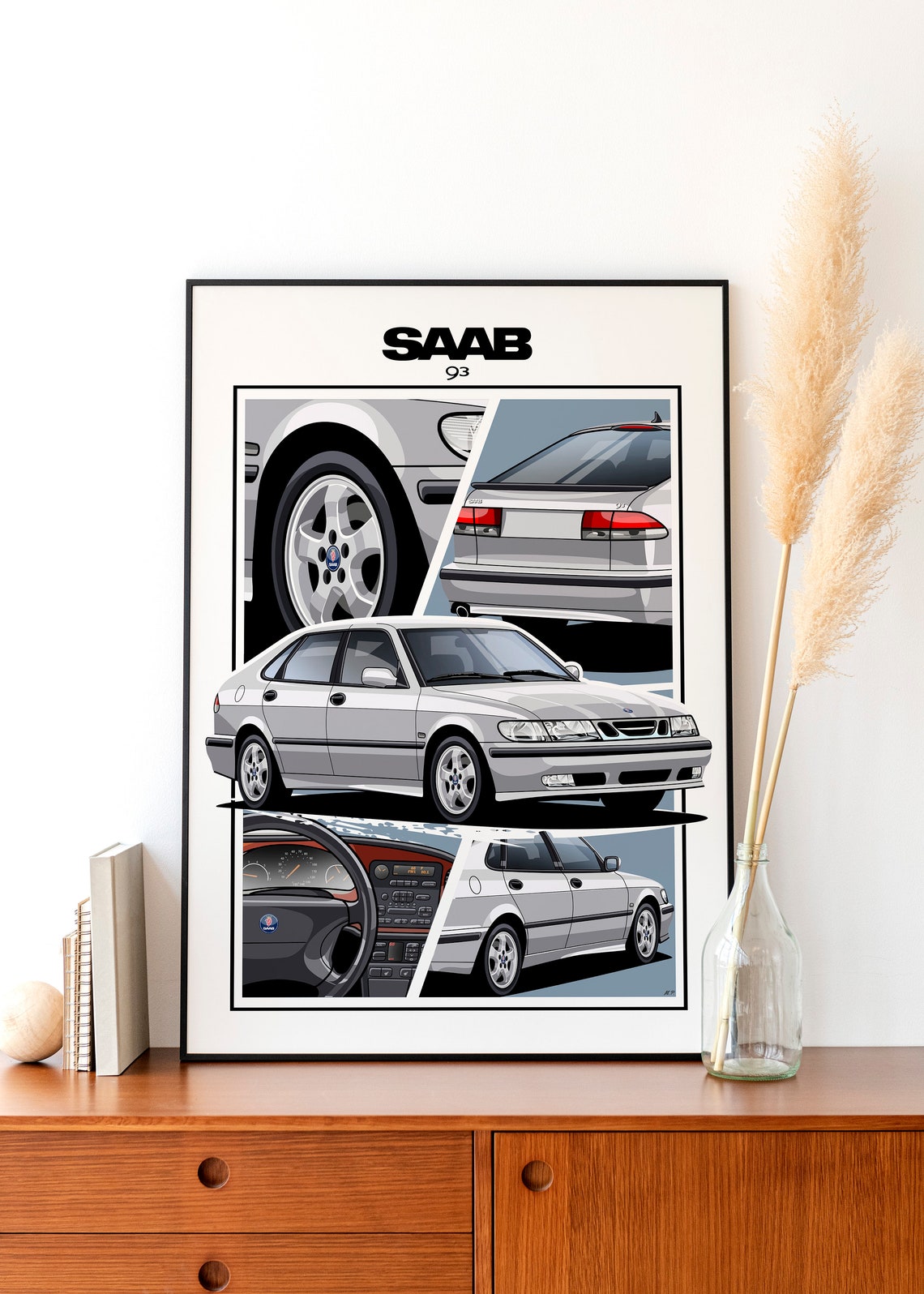 SAAB 93 OG Poster Silver Sedan Saab Poster Wall Art Gift Room Office ...