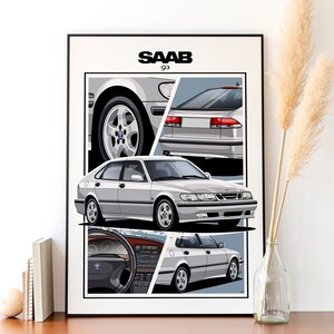SAAB 93 OG Poster Silver Sedan Saab Poster Wall Art Gift Room Office ...