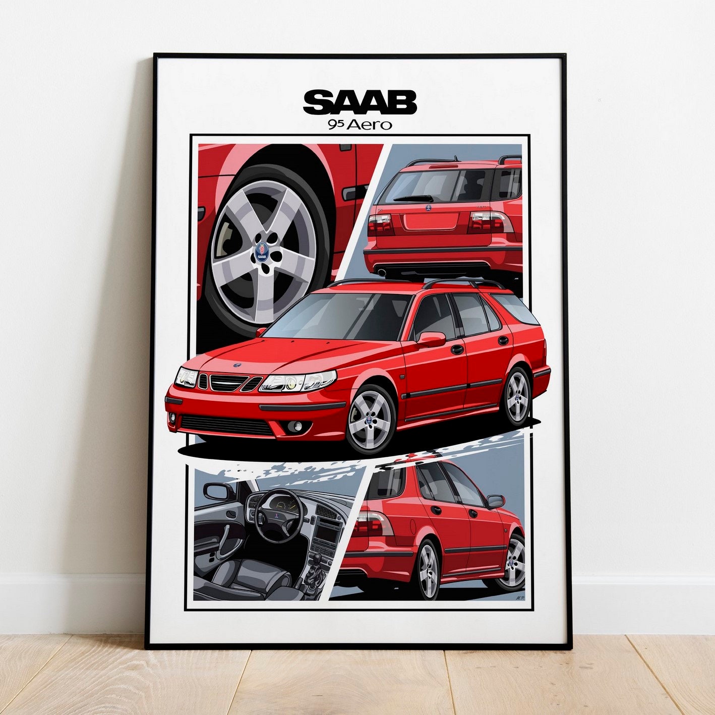 Saab 95 Aero Wagon Car Wall Poster Red Saab Poster Wall Art - Etsy