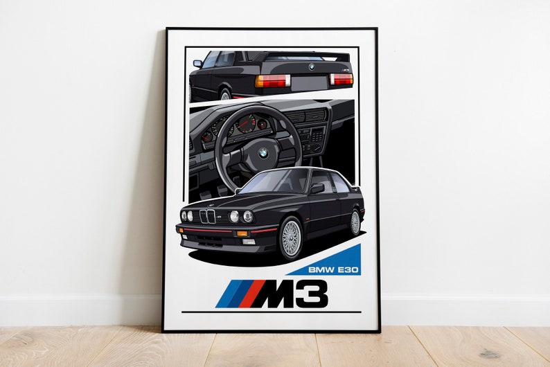 BMW E30 M3 M-power Poster Bmw Car Wall Poster Black Classic Car Poster Vintage Saab Poster Art ...