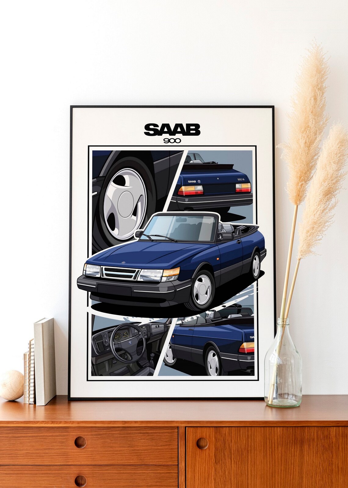 Saab 900 Cabrio Poster Car Wall Poster Blue Classic Vintage Saab Poster ...