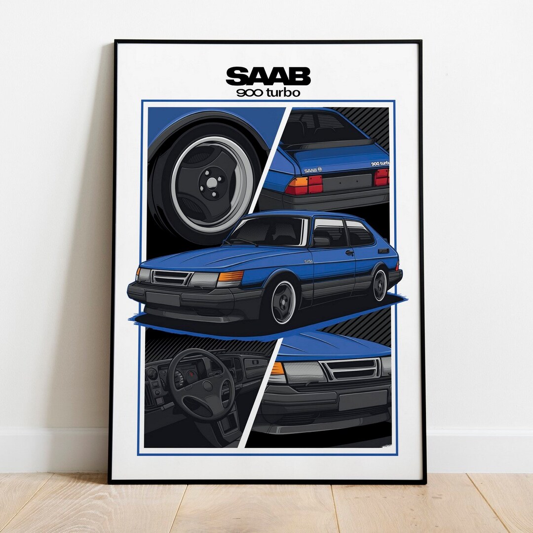 Saab 900 Turbo Poster Saab Car Wall Poster Blue Vintage Saab Poster ...