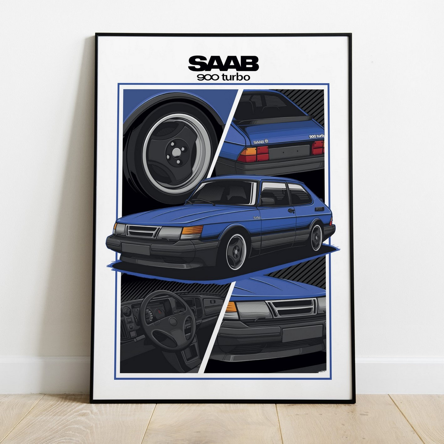 Saab 900 Turbo Poster Saab Car Wall Poster Blue Vintage Saab Poster ...