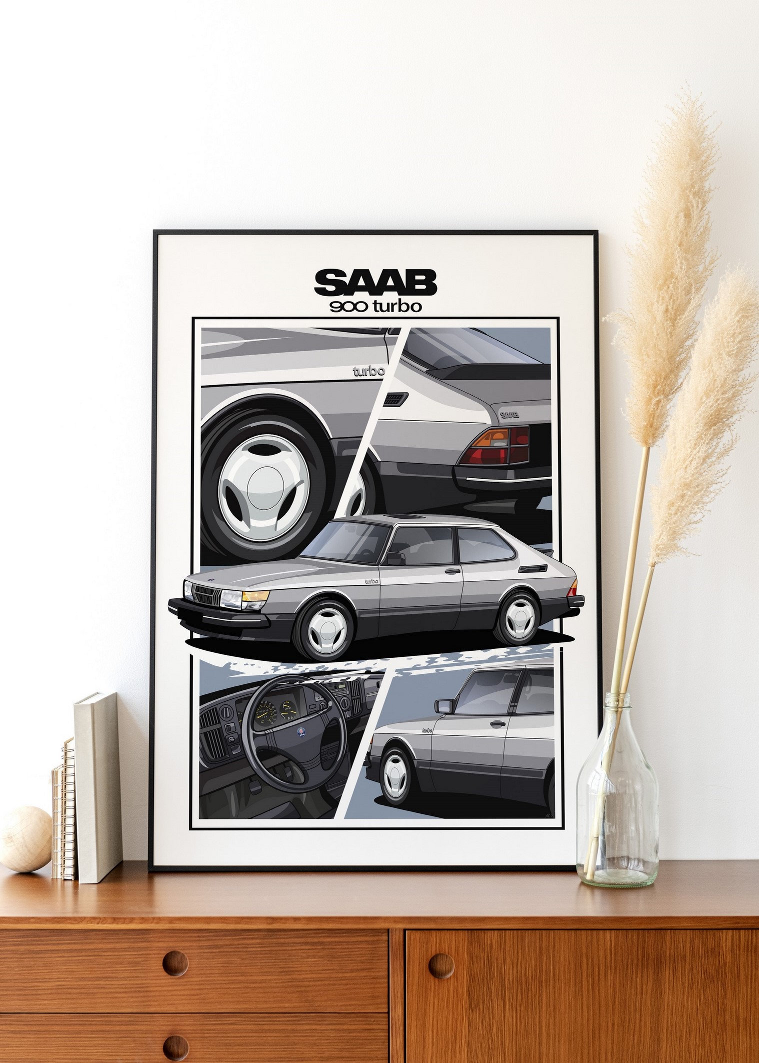 Saab 900 Turbo Poster Saab Car Wall Poster Silver Classic Vintage Saab ...