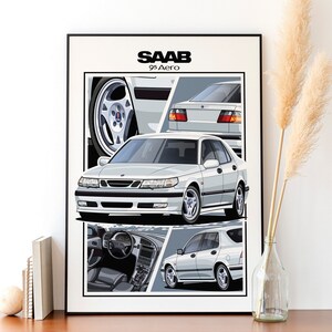 Saab 95 Aero Sedan Car Wall Poster Silver Saab Poster Wall Art Kids Man ...