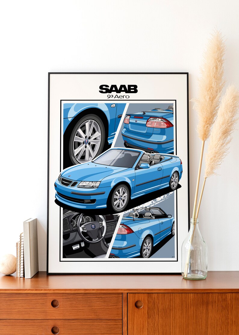 SAAB 93 Aero Cabrio Poster Ocean Blue Saab Car Poster Wall Art Gift ...