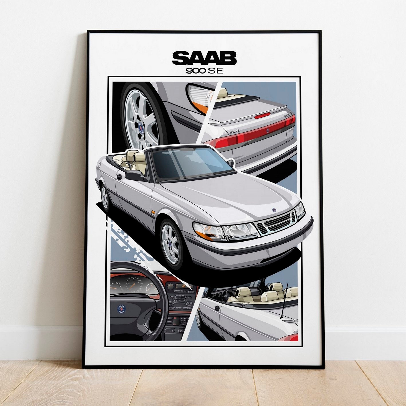 Saab 900 SE Poster Saab Car Wall Poster Silver Classic Vintage Saab ...