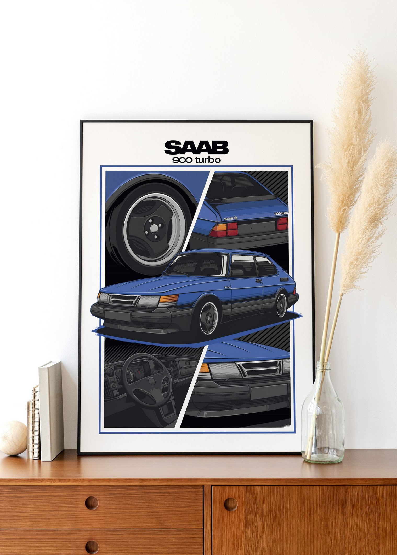 Saab 900 Turbo Poster Saab Car Wall Poster Blue Vintage Saab Poster ...