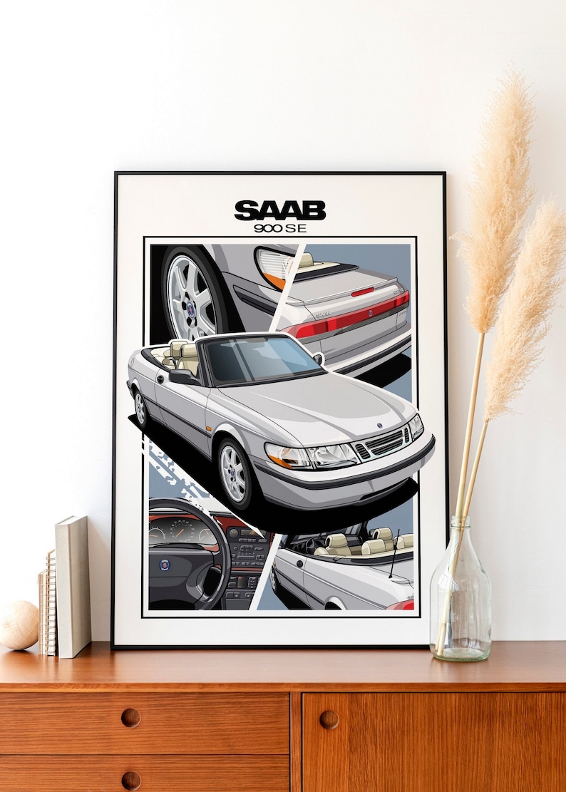 Saab 900 SE Poster Saab Car Wall Poster Silver Classic Vintage Saab ...