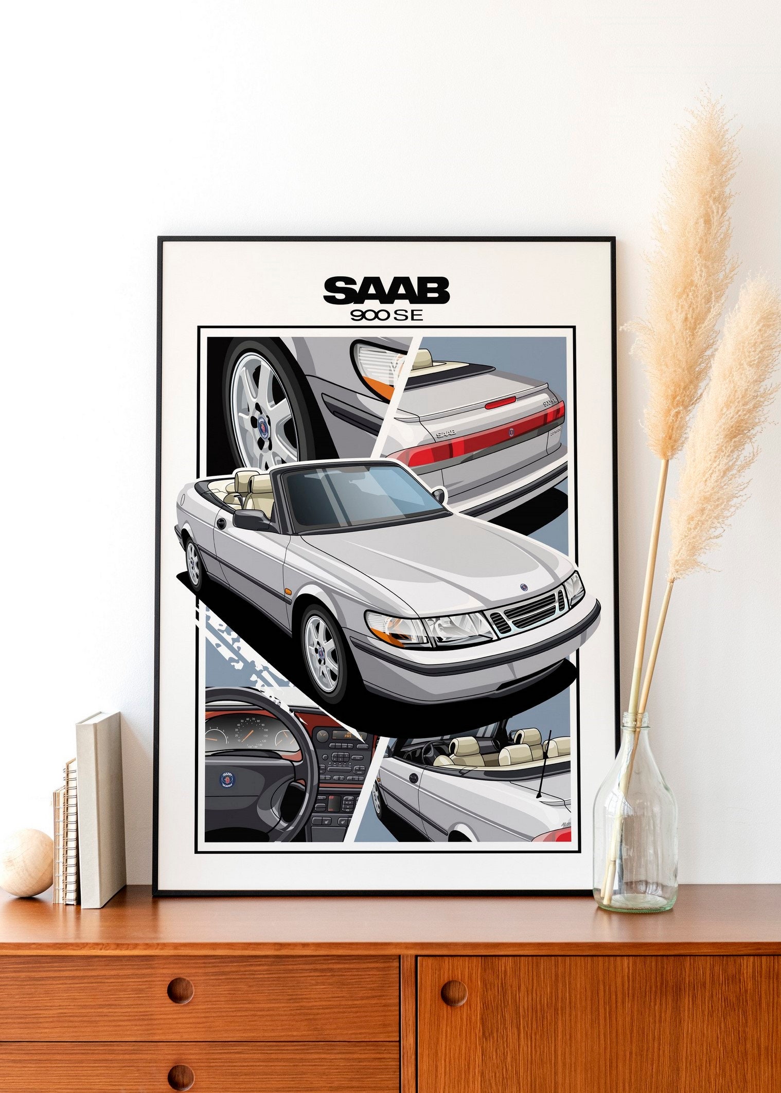 Saab 900 SE Poster Saab Car Wall Poster Silver Classic Vintage Saab ...