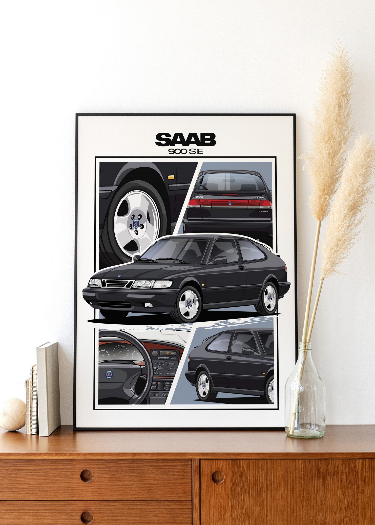 Saab 900 SE Poster Saab Coupe Car Wall Poster Black Classic Vintage ...