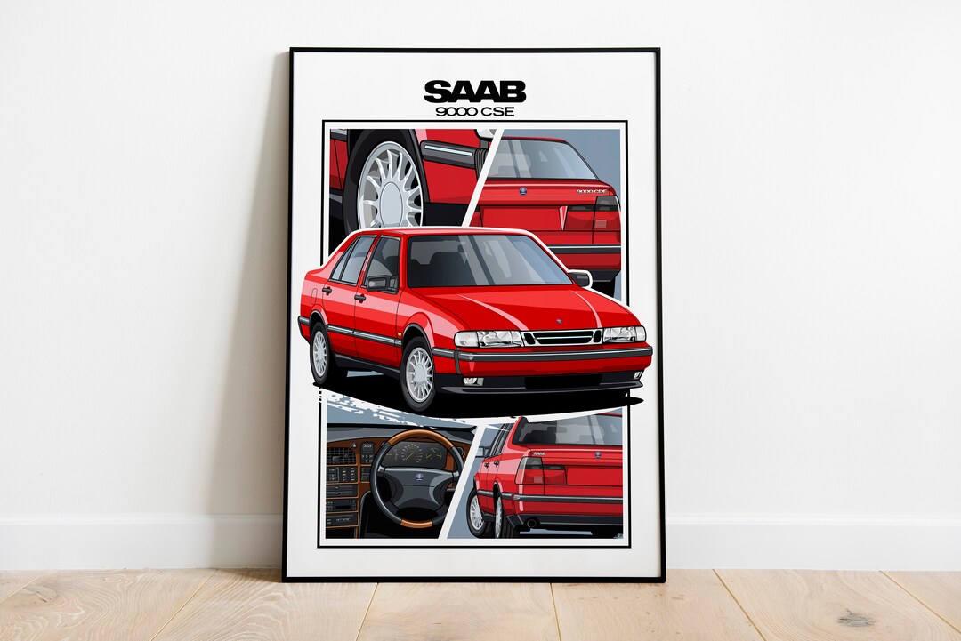 Saab 9000 CSE Poster Saab Car Red Wall Poster Red Classic Vintage Saab ...