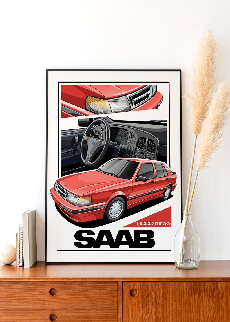 Saab 9000 Turbo Poster Saab Car Wall Poster Red Classic Vintage Saab ...