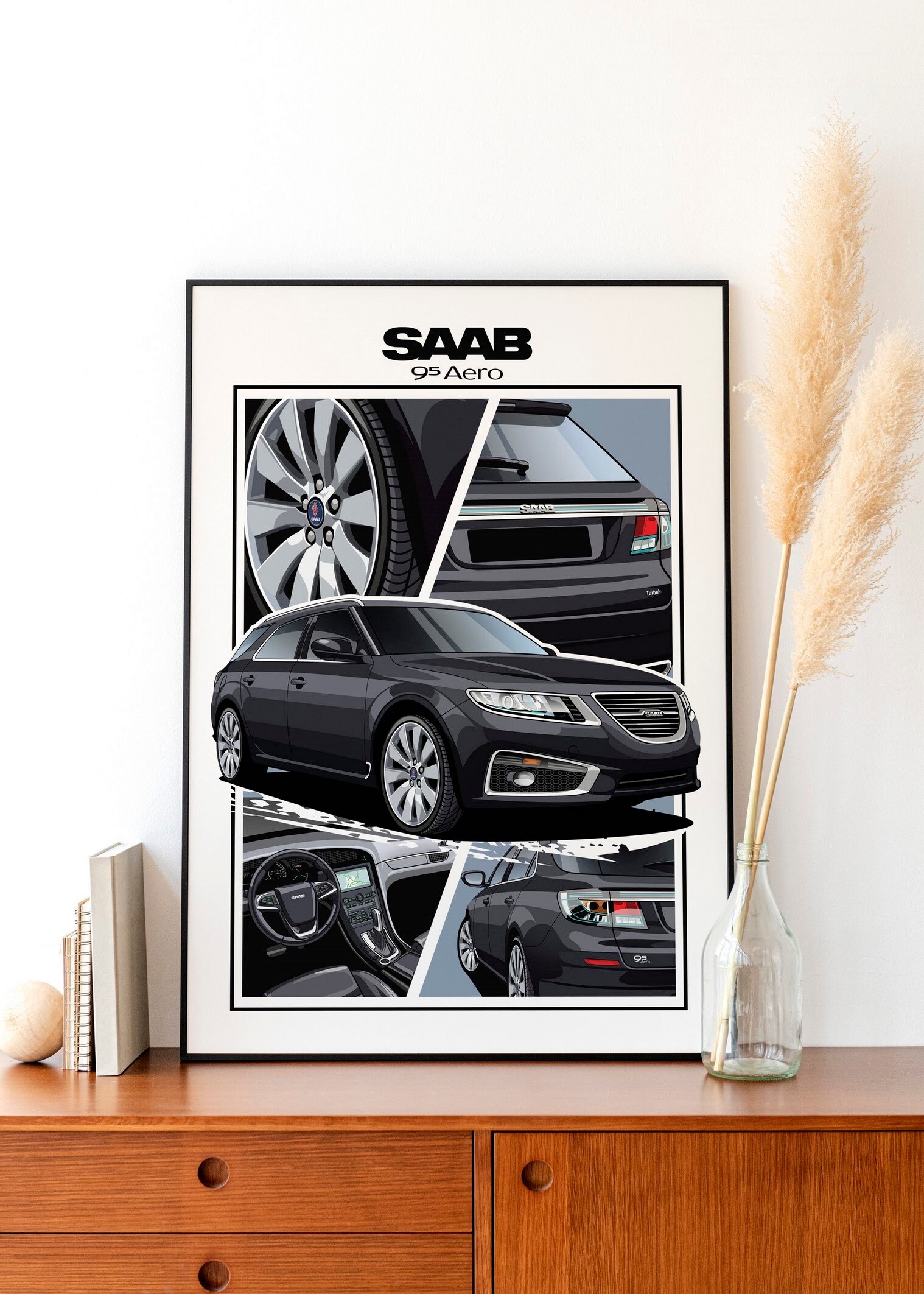 Saab 95 Aero Wagon Black Poster Wall Poster Saab Poster Wall Art Kids ...