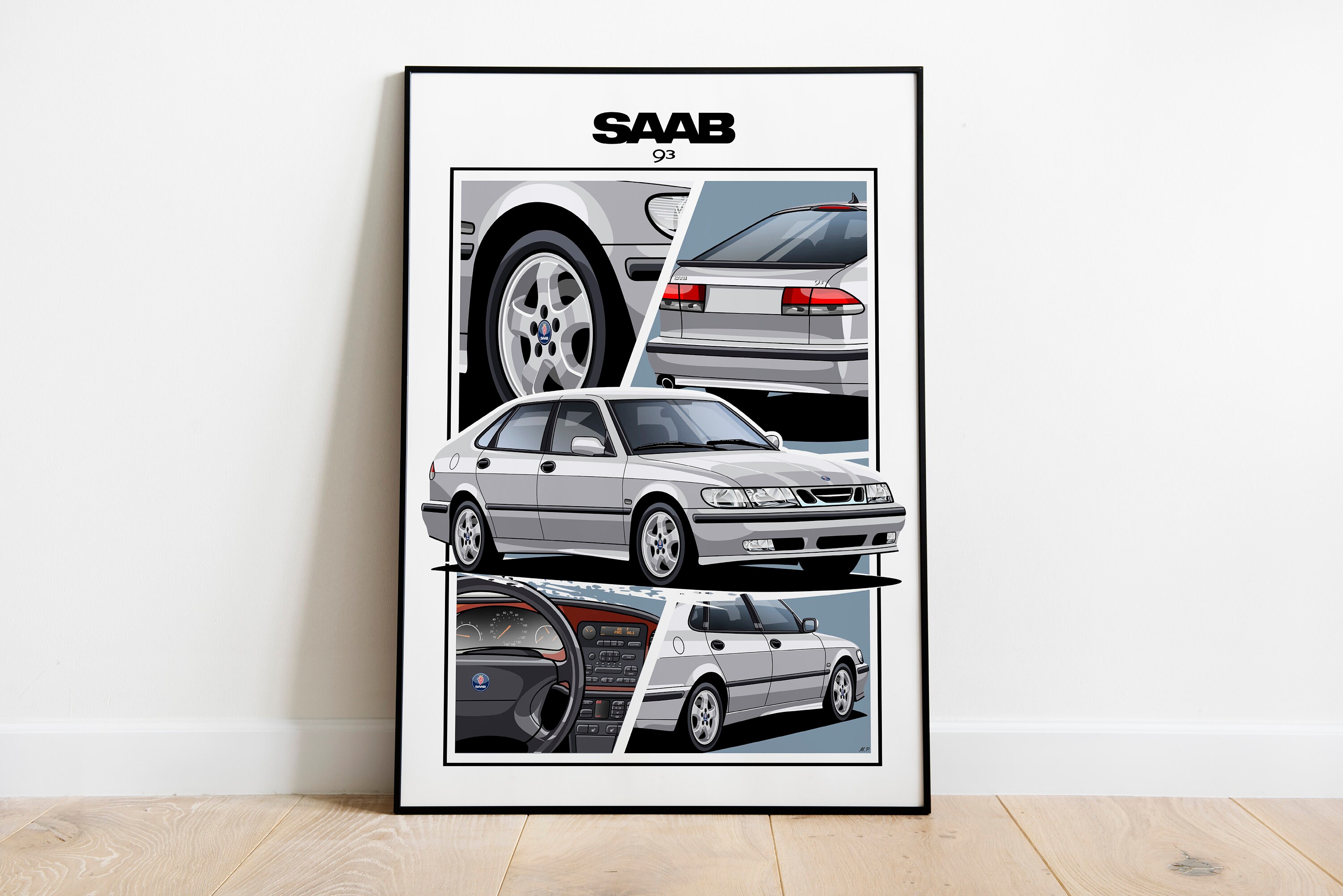 SAAB 93 OG Poster Silver Sedan Saab Poster Wall Art Gift Room Office ...