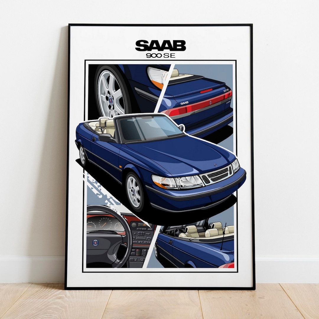 Saab 900 SE Poster Saab Car Wall Poster Blue Classic Vintage Saab ...