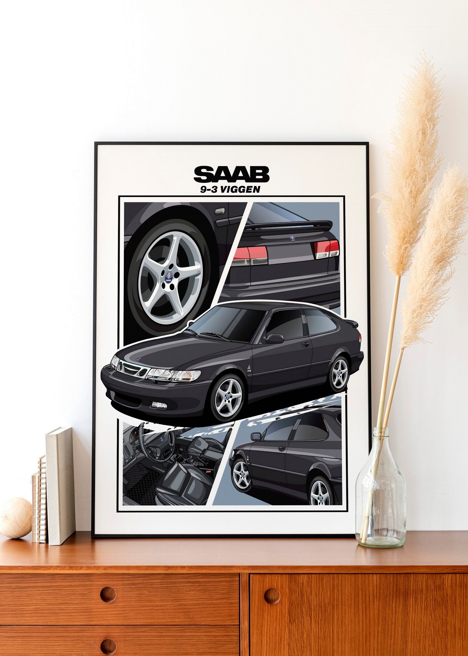 Saab Poster SAAB 93 VIGGEN Black Coupe Saab Car Poster Wall Art Kids ...