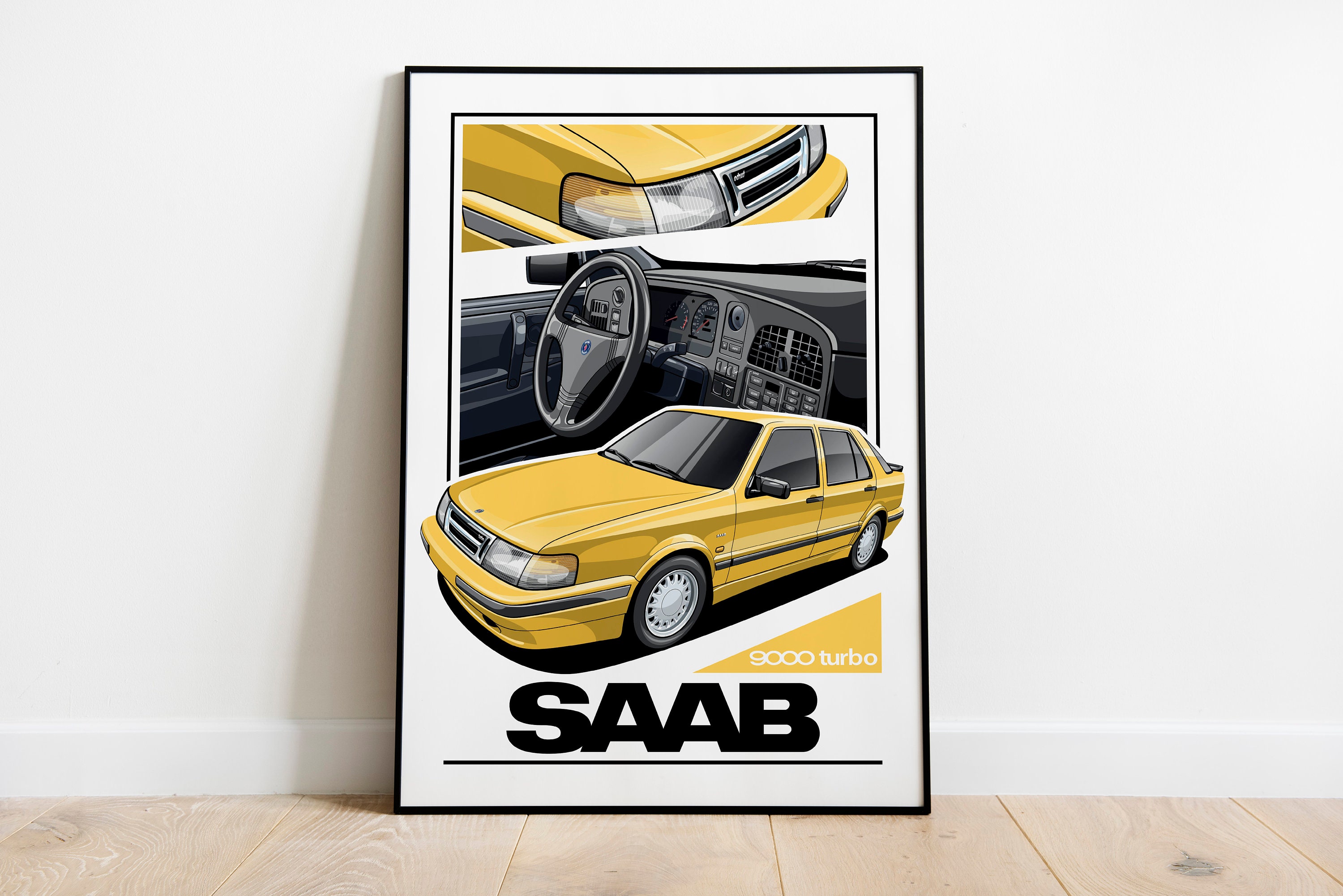 Saab 9000 Turbo Poster Saab Car Wall Poster Yellow Classic Car Poster ...