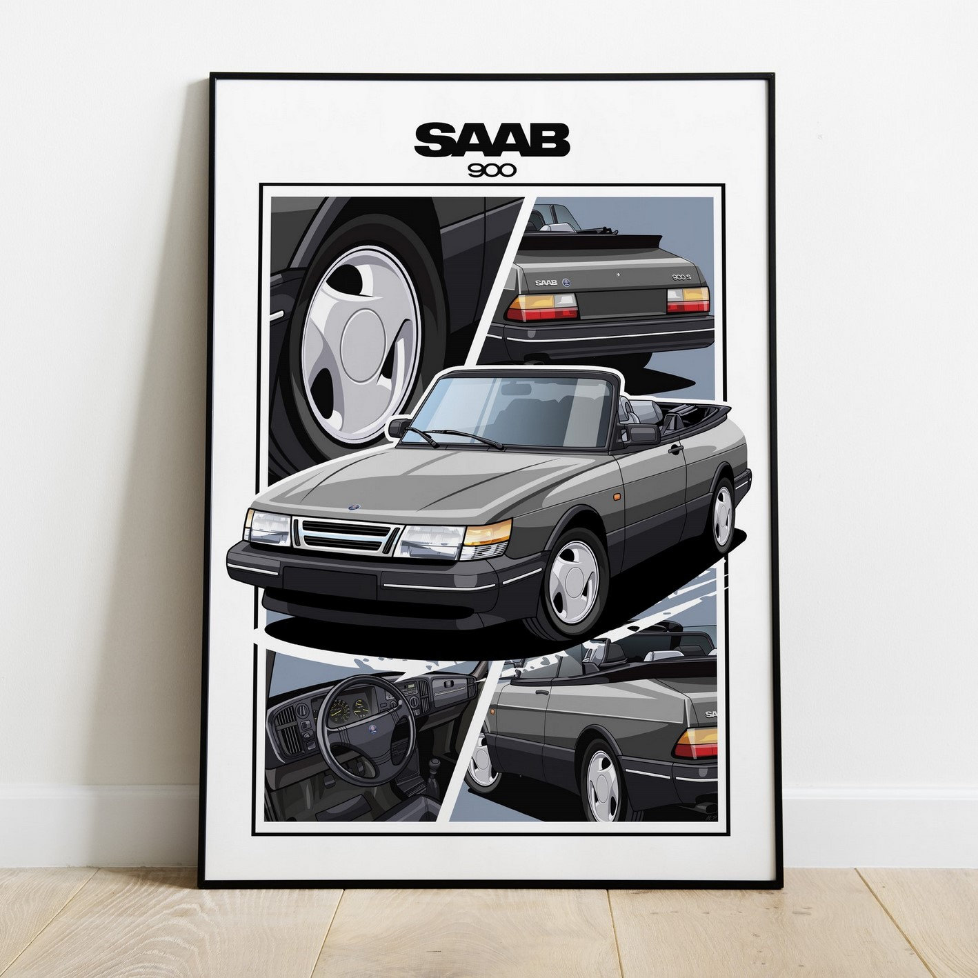 Saab 900 Cabrio Poster Car Wall Poster Grey Classic Vintage Saab Poster ...