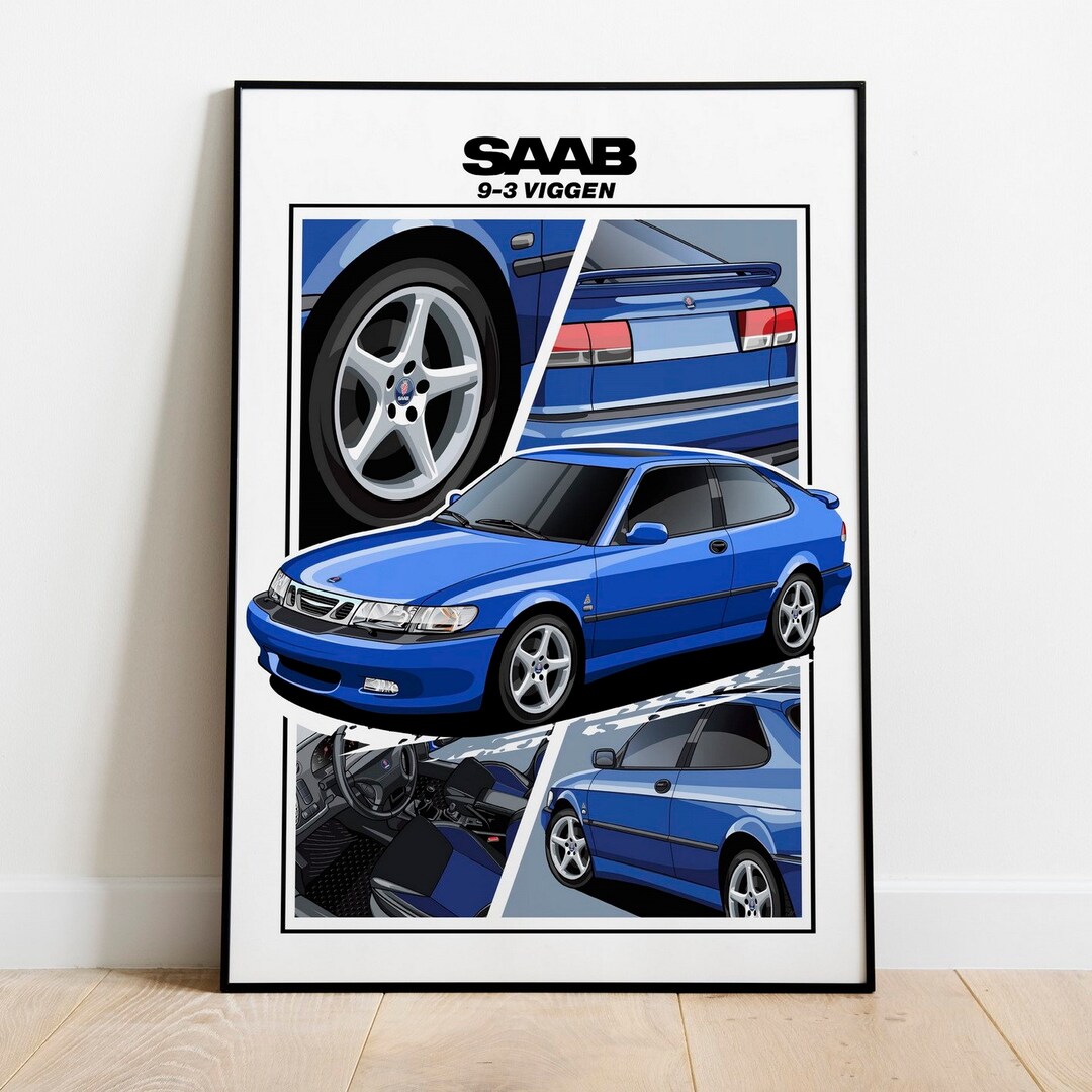 Sport Car Wall Art Poster SAAB 93 VIGGEN Blue Coupe Saab Poster Wall ...