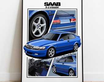 Saab 900 Turbo Poster Saab Car Wall Poster Blue Vintage Saab Poster ...