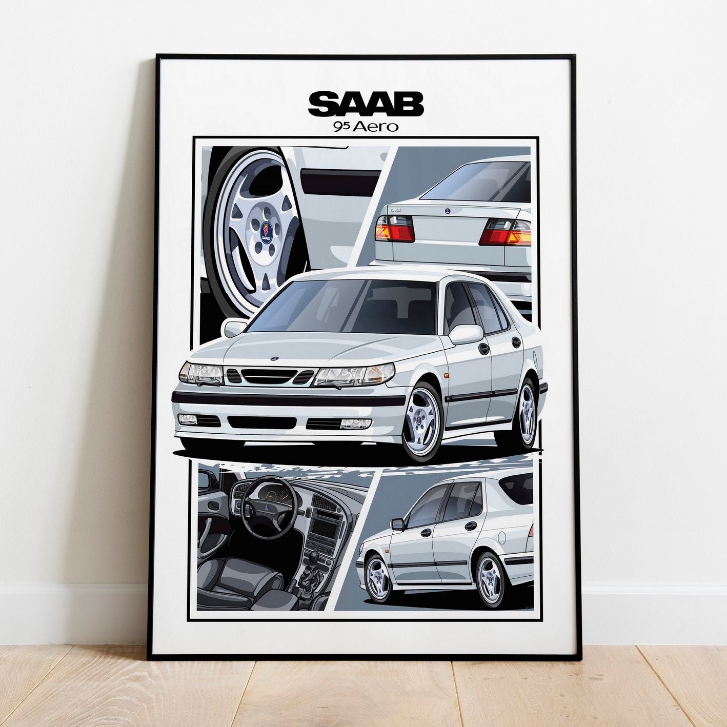 Saab 95 Aero Sedan Car Wall Poster Silver Saab Poster Wall Art Kids Man ...