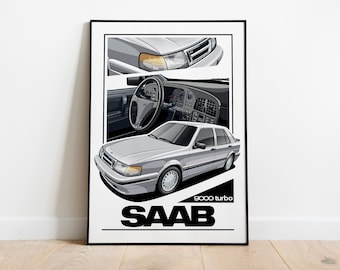 Saab 9000 Turbo Poster Saab Car Wall Poster Yellow Classic Car Poster ...