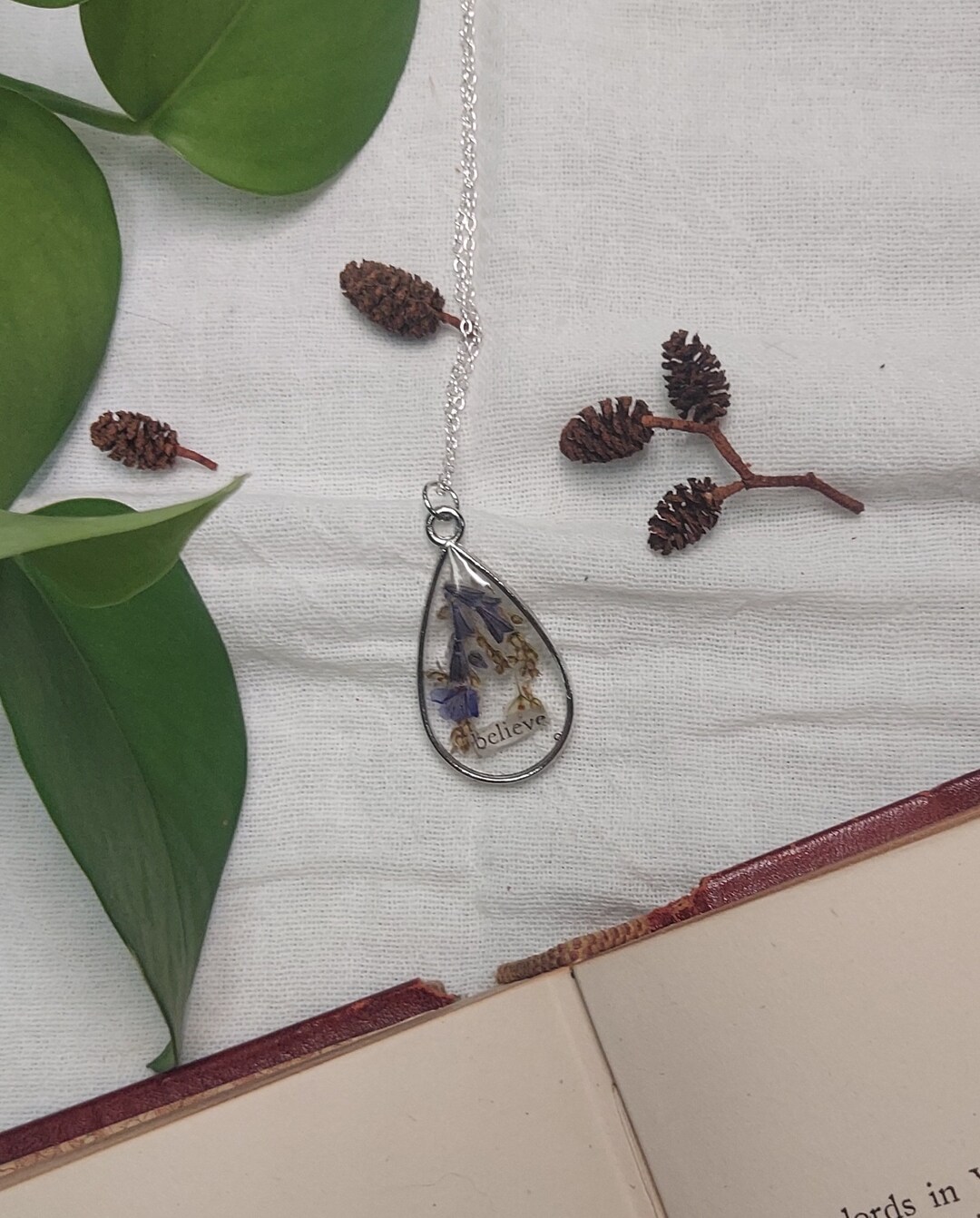 Teardrop Necklace, Pressed Russian Sage and Silverlace With Word ...