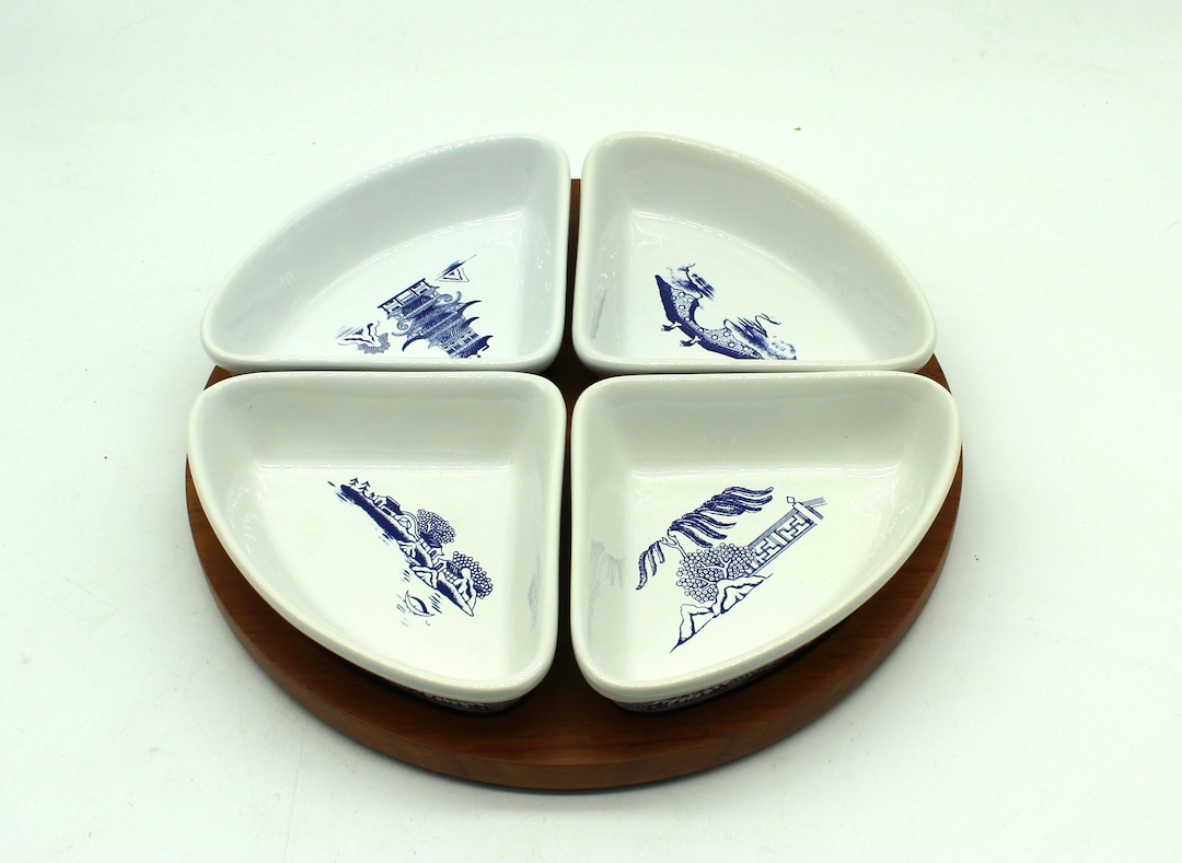 Vintage Ringtons Quarter Willow Pattern Snack Dishes and Wooden Tray ...