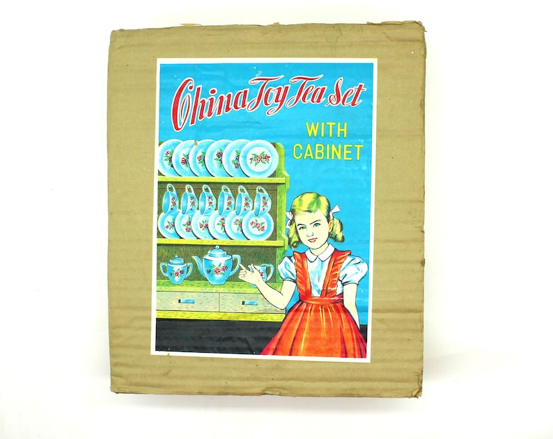 Complete Boxed Vintage Dolls Toy Tea Set With Wooden Display Cabinet ...