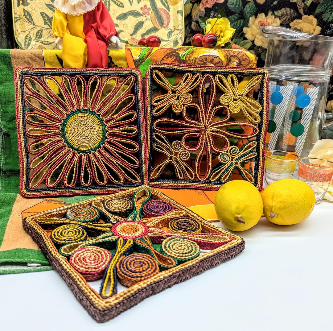 3 Groovy Square Colourful Woven Rattan Straw Vintage Trivets or Place Mats. Bo Ho Folk Art Style ...