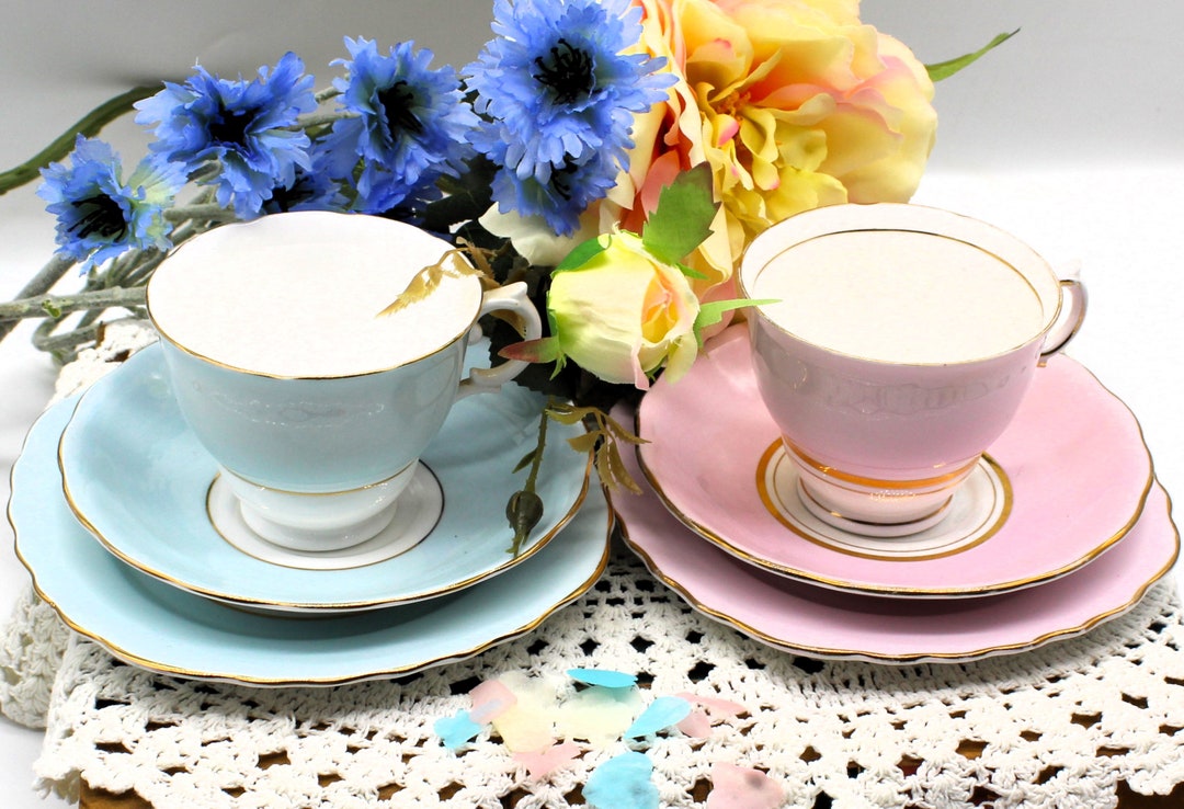 Vintage Tea Cups Wedding Gift China Tea for Two Pink & Blue Colclough ...
