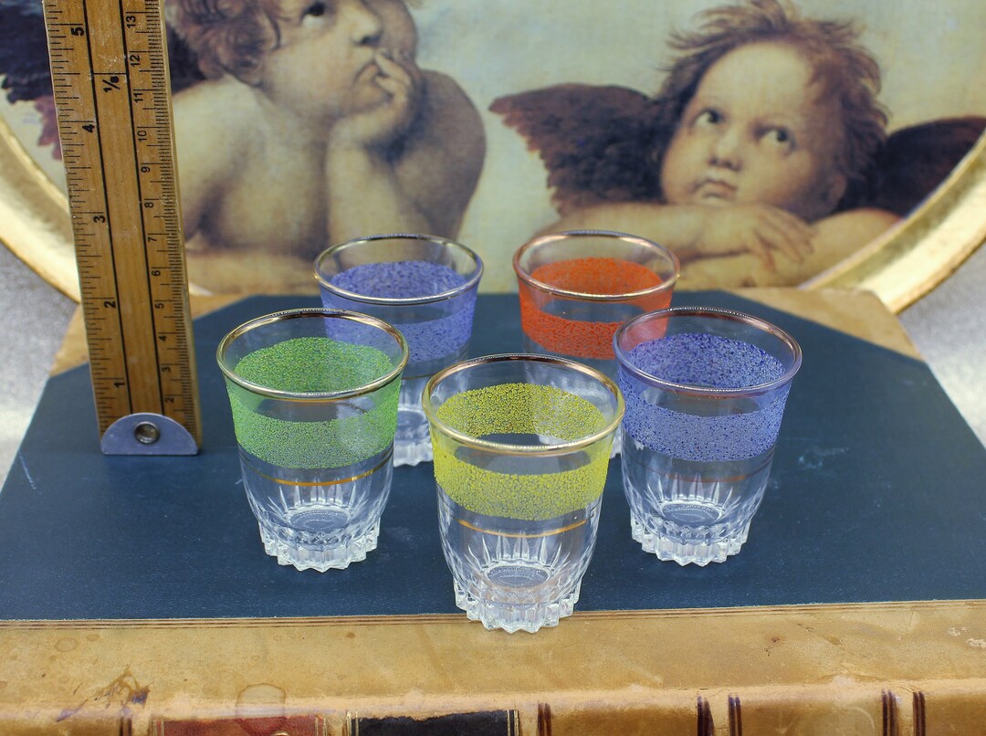 Set of 5 Rainbow Sugar Frosted 50s/60s Mid-century Shot Glasses Marked ...