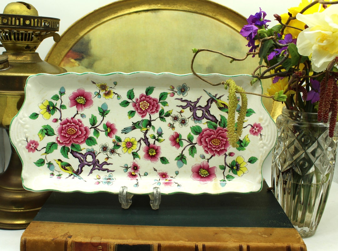 Old Foley chinese Rose Peonies & Birds Rectangular Sandwich Plate/tray, Marked James Kent Ltd ...