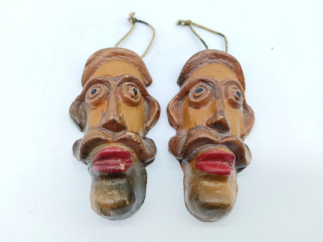 Pair Vintage Clay Terracotta Tribal Face Wall Plaques Native Folk Art ...