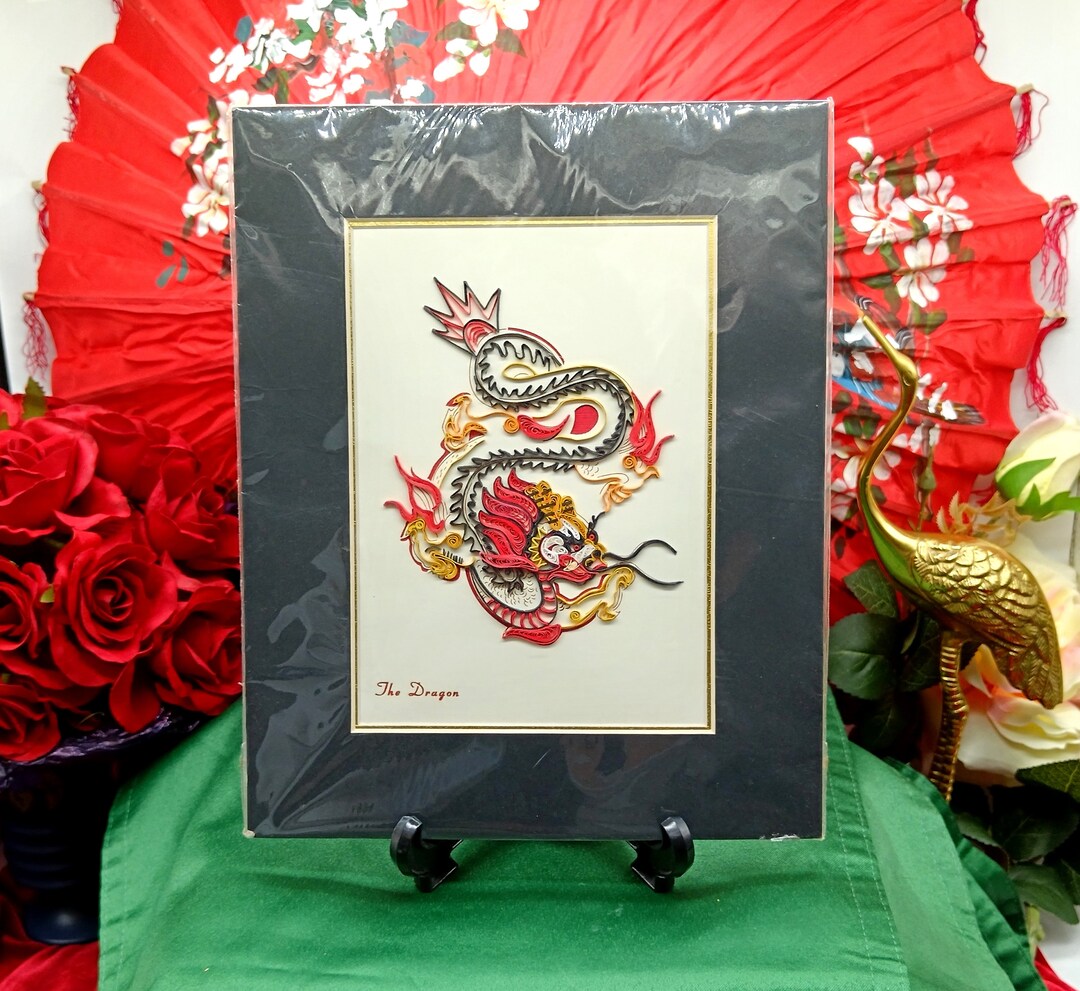 Vintage Quilling Art Vietnamese Dragon Mounted Picture Asian Papercraft ...
