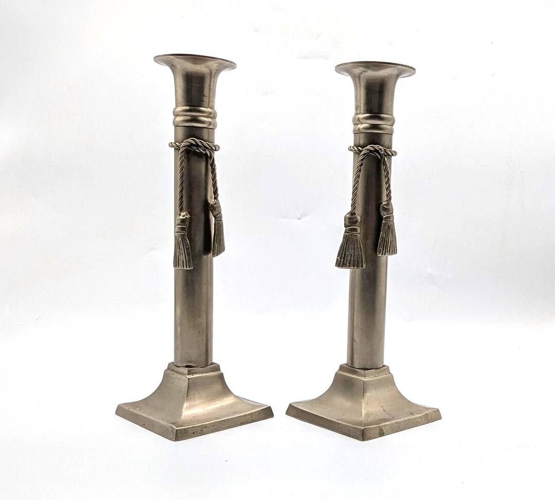Vintage Pair Silver Coloured Metal Candlesticks Pewter or Alloy Art ...