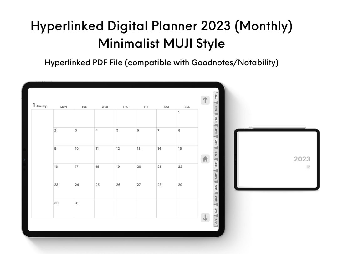 Hyperlinked Minimalist Digital Planner 2023, Monthly, MUJI Inspired ...