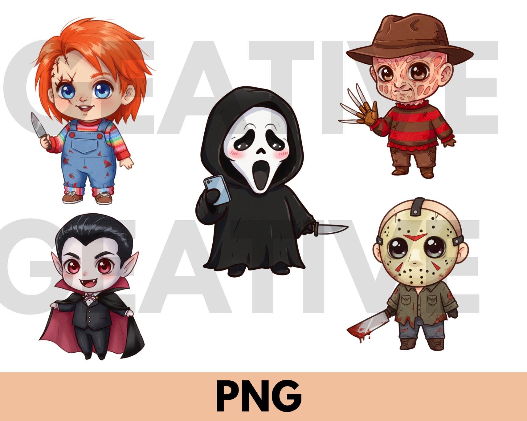 Chibi Horror Movie Villains Clipart Bundle – Cute Watercolor Pngs for ...