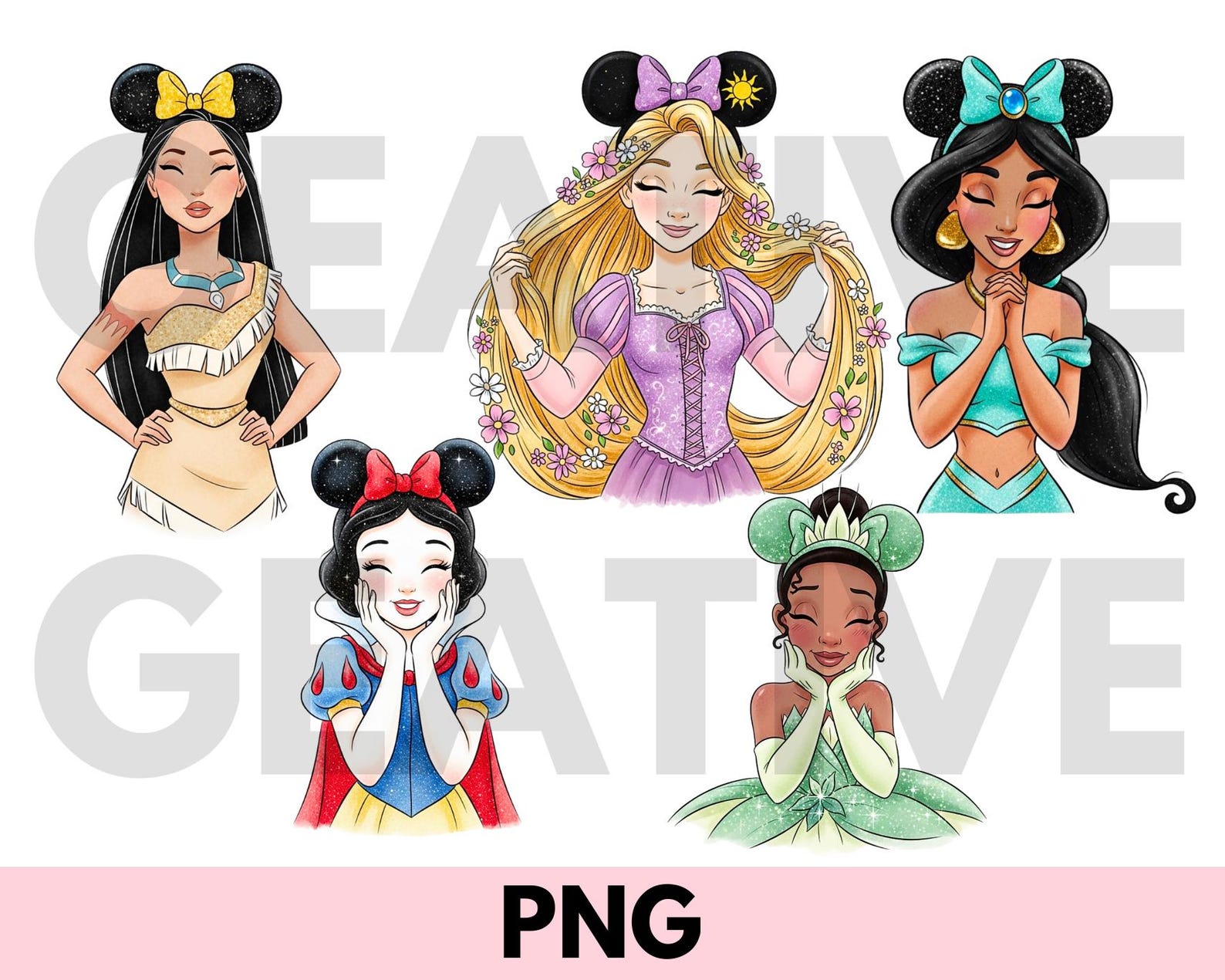 Magical Princess Clipart PNG Bundle, Mouse Ears PNG, Watercolor Sparkle ...