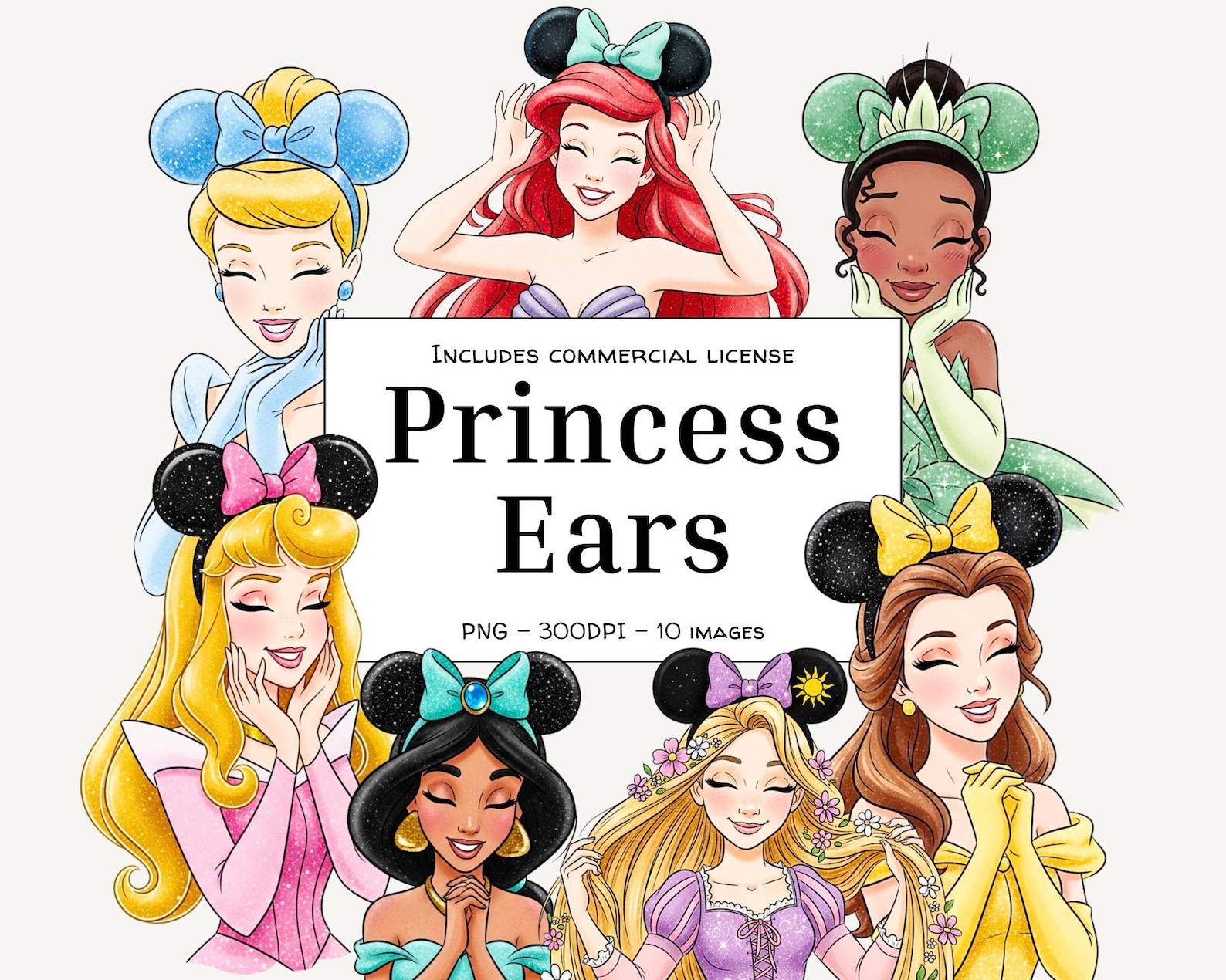 Magical Princess Clipart PNG Bundle, Mouse Ears PNG, Watercolor Sparkle ...