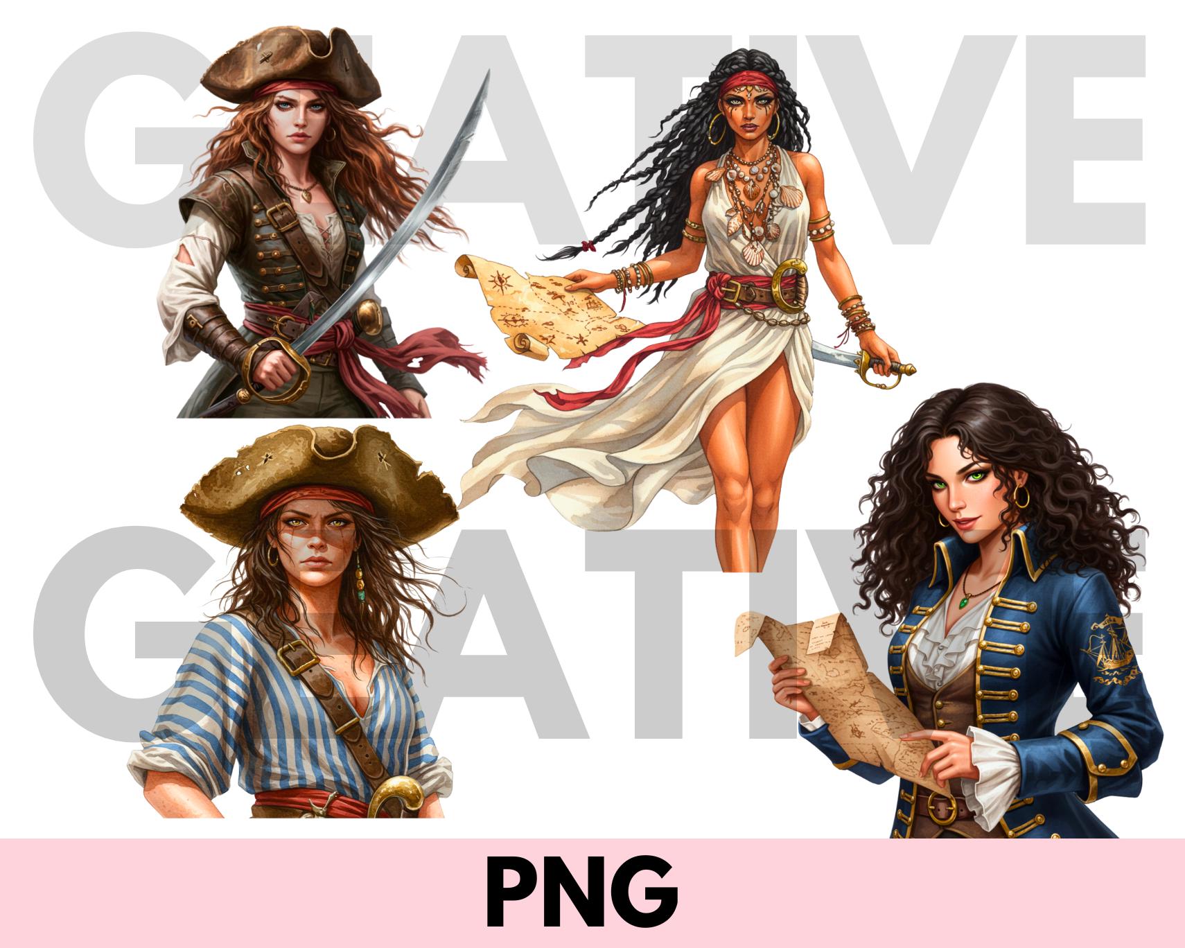 Watercolor Pirate Women Clipart: Renaissance Nautical PNG Bundle ...