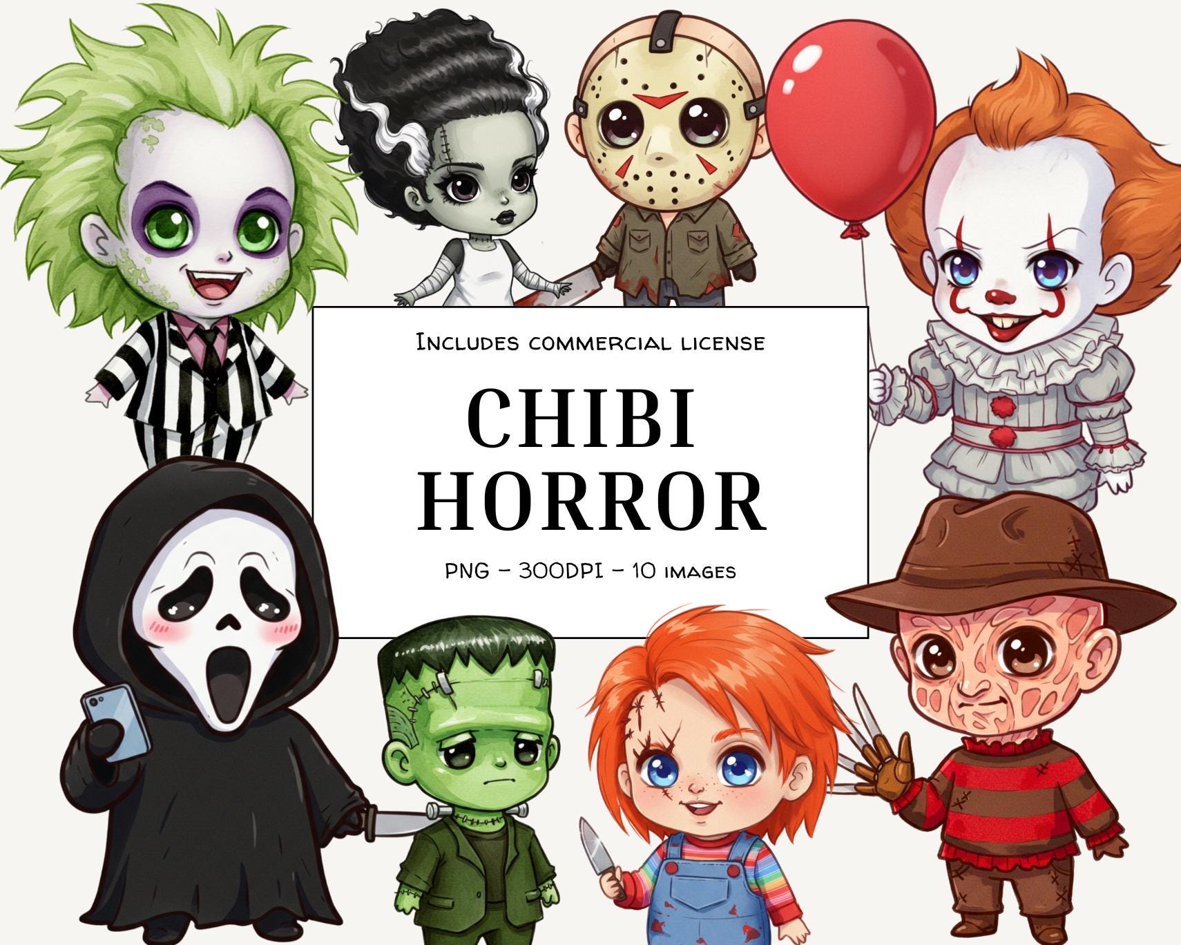 Chibi Horror Movie Villains Clipart Bundle – Cute Watercolor Pngs for ...
