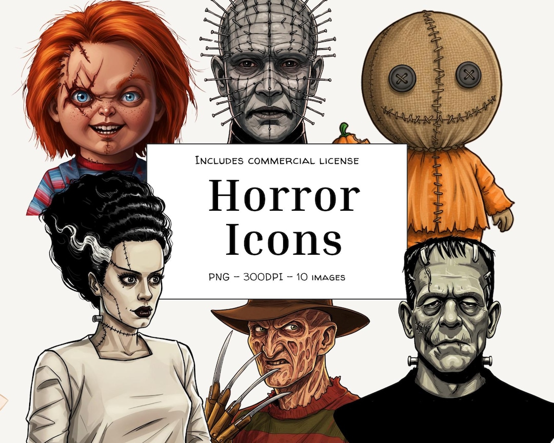 Horror Movie Icons PNG Bundle | Hand Drawn Semi-realistic Digital ...