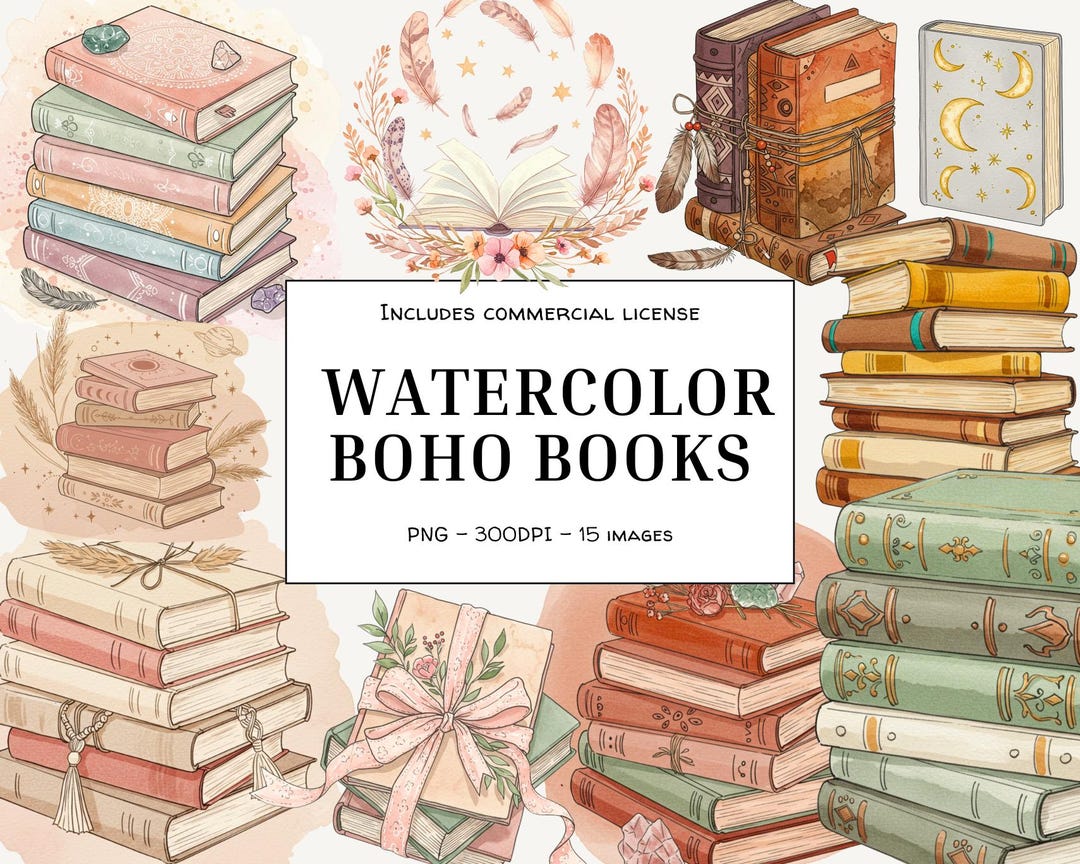 Boho Watercolor Books Clipart, Stacked Books PNG, Boho Book Clip Art ...